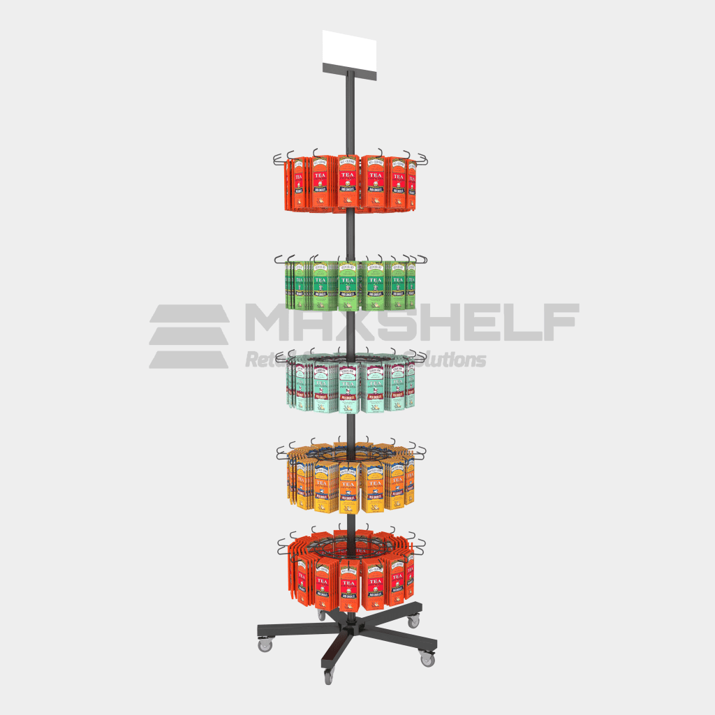 SPINNING RACK WITH HOOKS 5 TIERS D500mm*H1800mm BLACK - Maxshelf ...