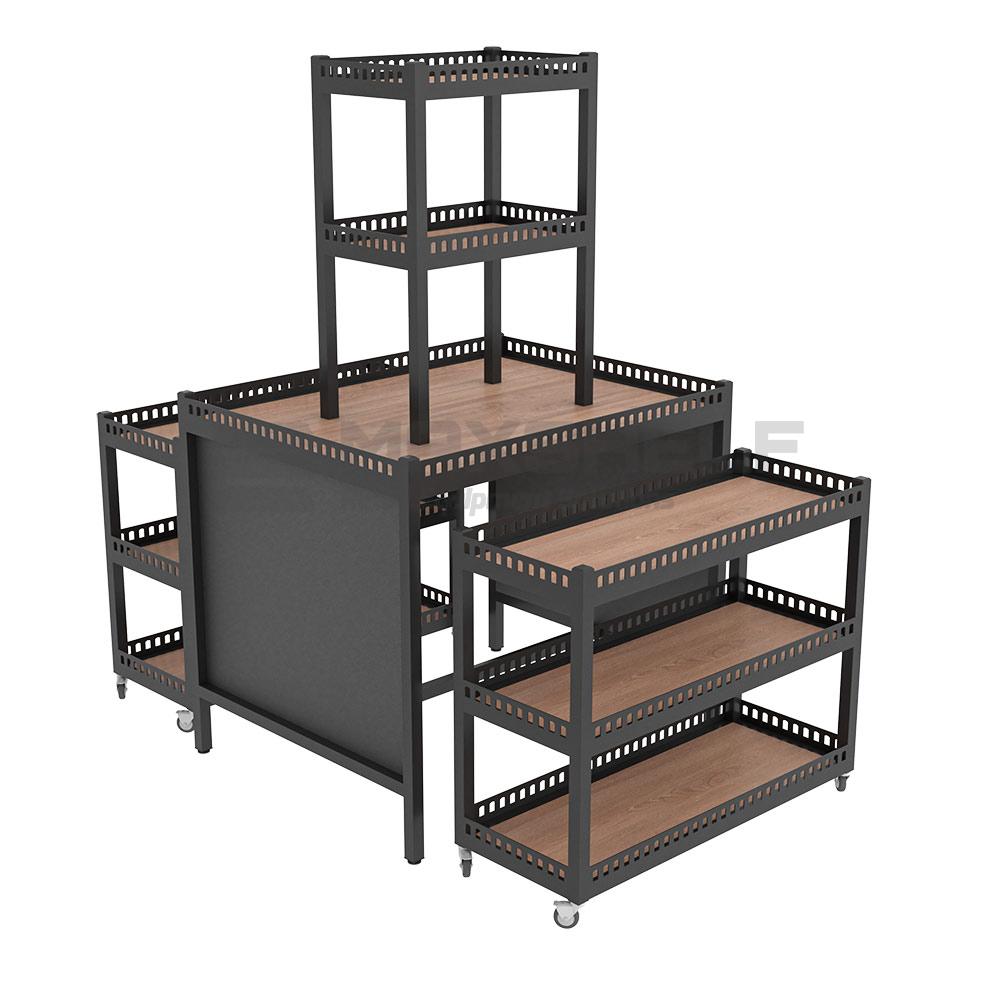 PROMOTIONAL DISPLAY WITH CUSITOMIZABLE SIDES, WHEELED SHELVES AND TOWER ...